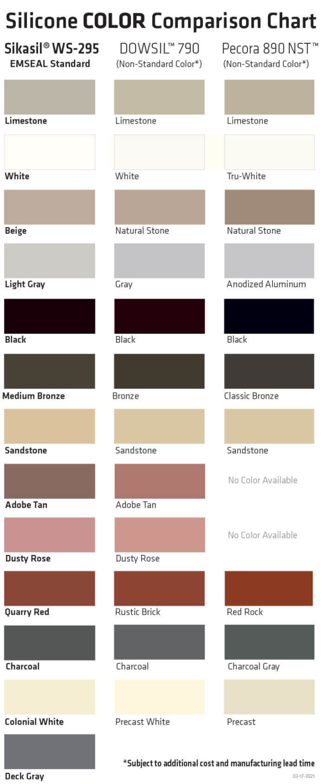 Color Selection · Silicone-Coated Precompressed Sealants · EMSEAL